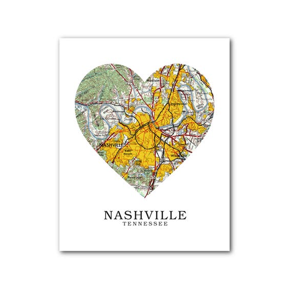 Nashville Map Heart Print Nashville Map Art Nashville | Etsy