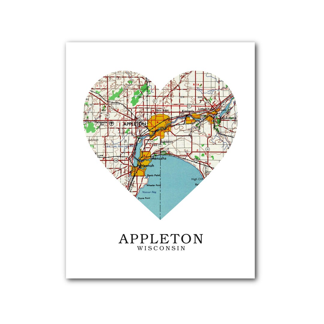 Appleton Wisconsin Map Heart Print, Appleton Map Art, Appleton Map ...
