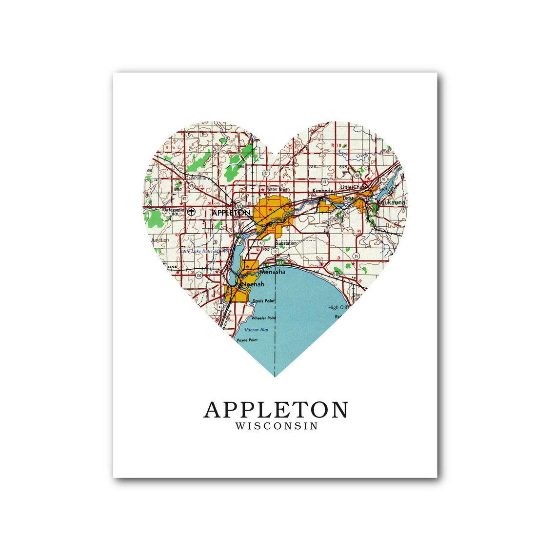 Appleton Wisconsin Map Heart Print Appleton Map Art Appleton - Etsy