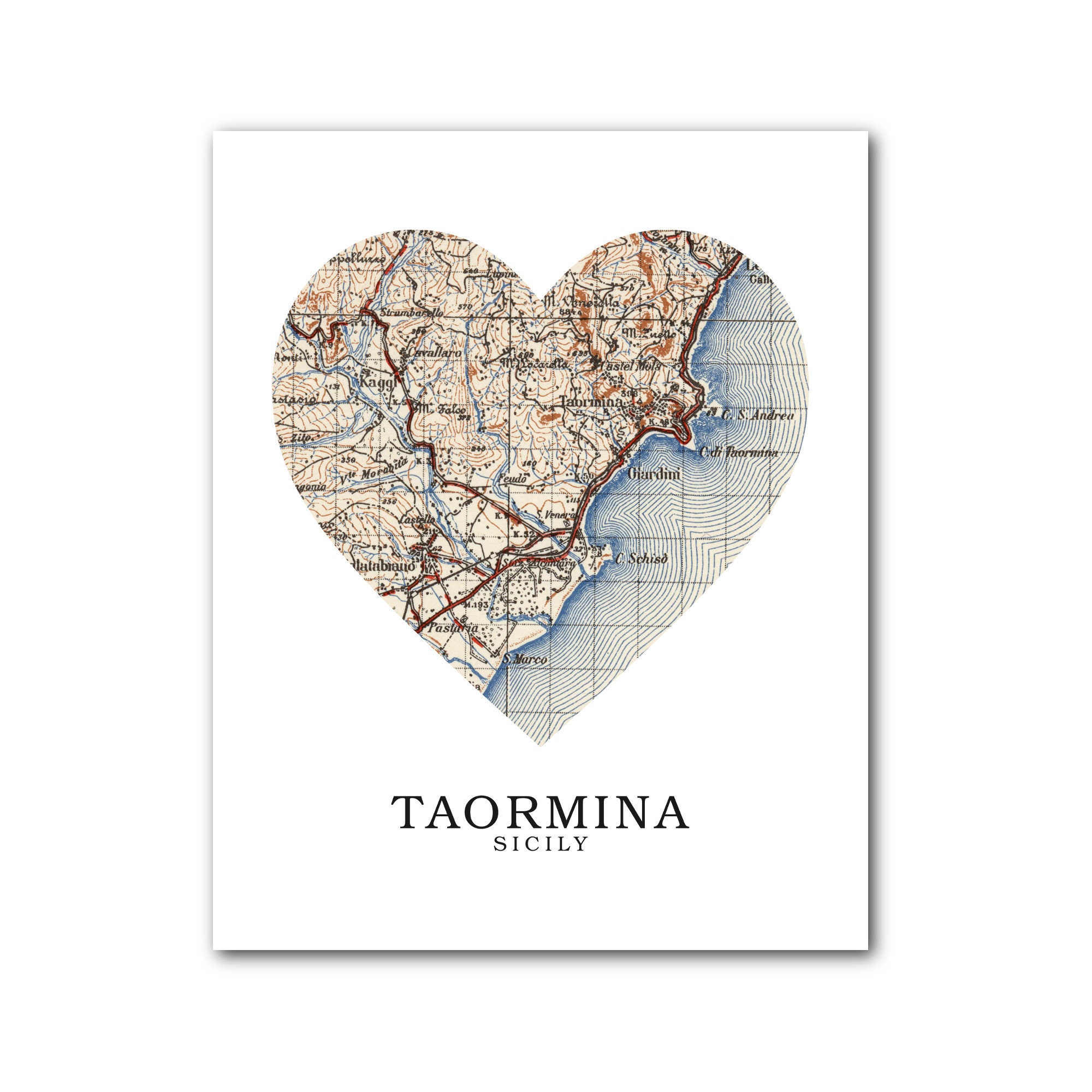 Taormina Map Heart Print Sicily Map Art Taormina Sicily Map - Etsy