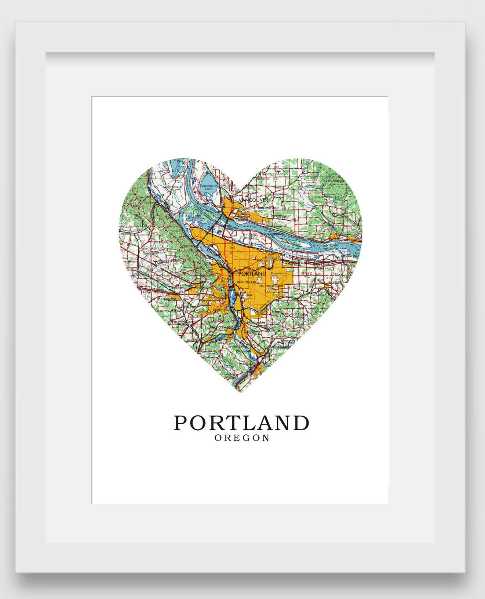 Portland Map Heart Print, Portland Map Art, Oregon Map, Heart Map Print ...