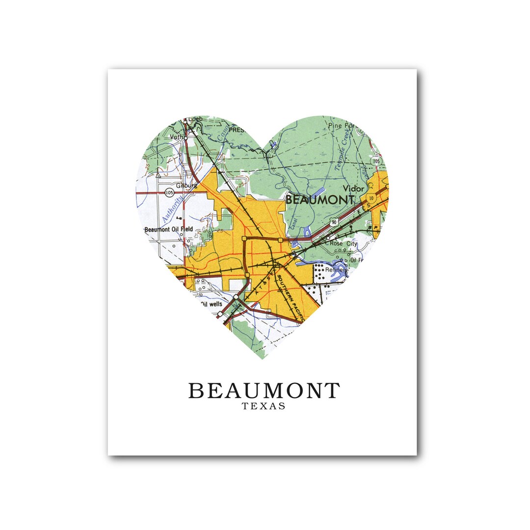 Beaumont Map Heart Print, Beaumont Map Art, Beaumont Texas Map, Heart ...