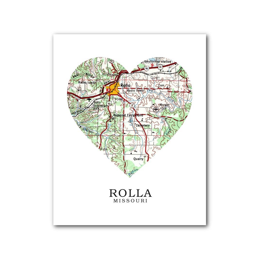 Rolla Map Heart Print, Rolla Map Art, Missouri Map, Heart Map Print ...