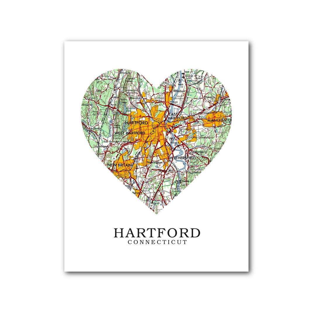 Hartford Map Heart Print, Hartford Map Art, Connecticut Map, Heart Map ...