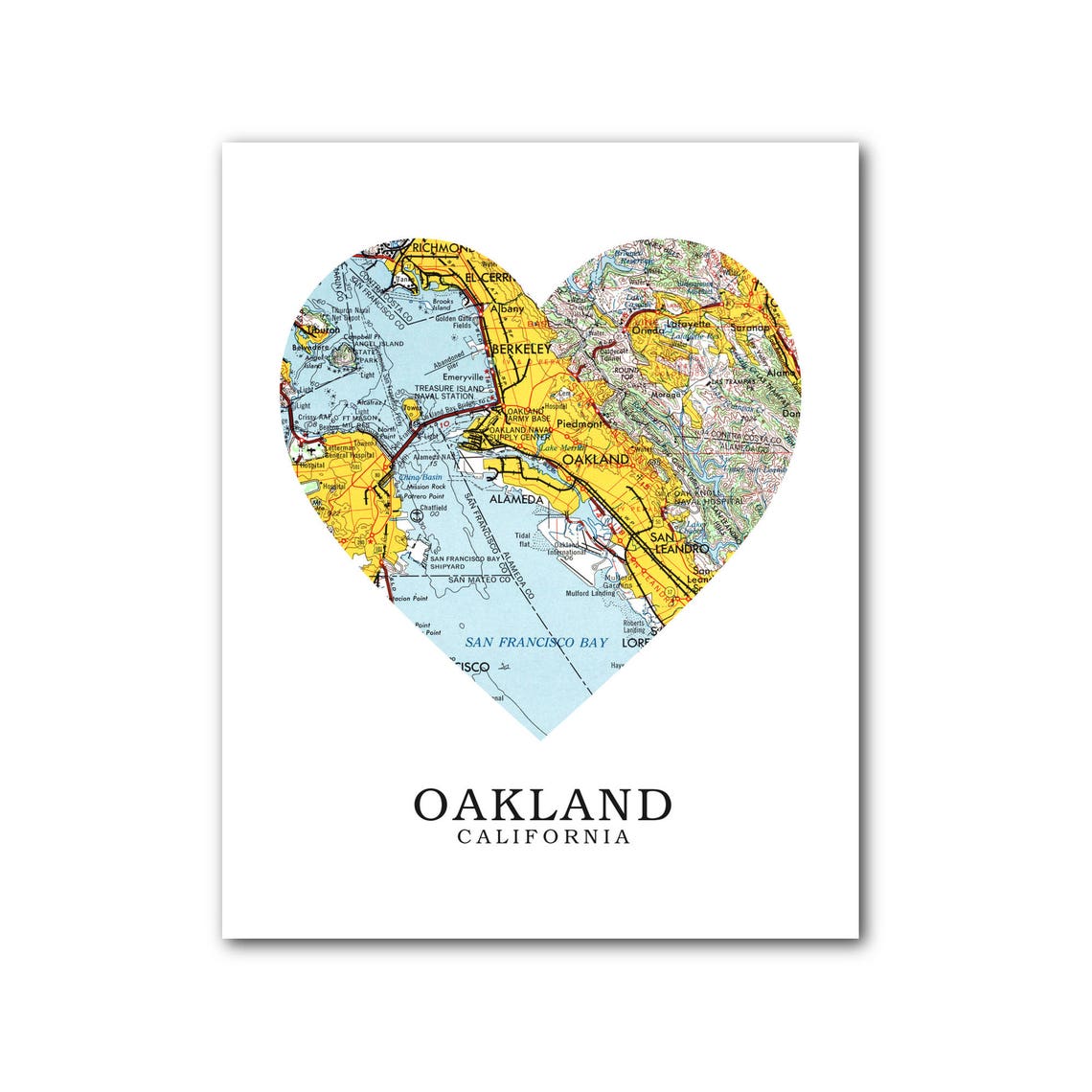 Oakland Map Heart Print Oakland Map Art California Map CA - Etsy