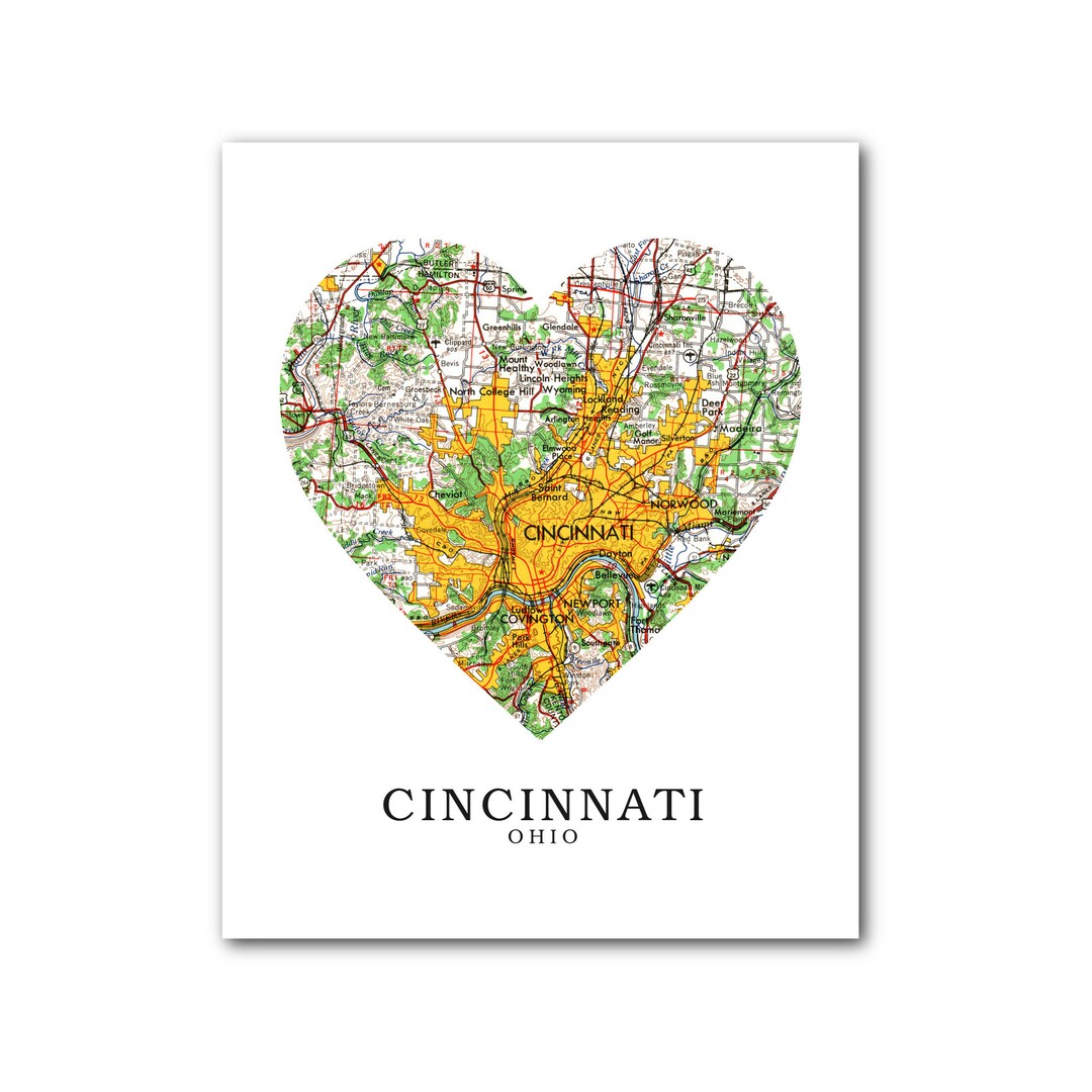 Cincinnati Map Heart Print, Cincinnati Map Art, Cincinnati Map, Heart ...