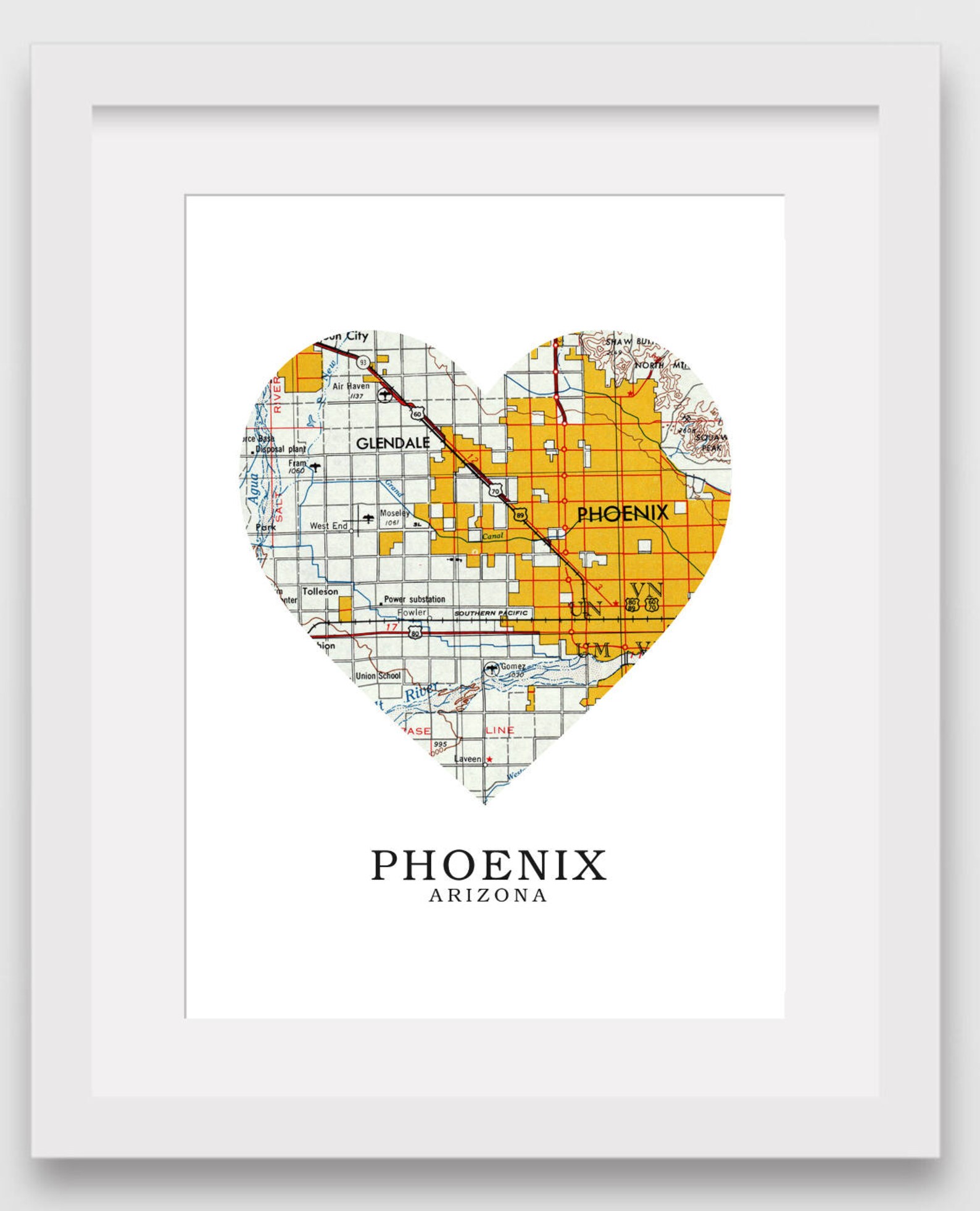 Phoenix Map Heart Print Phoenix Map Art Phoenix Arizona Map - Etsy