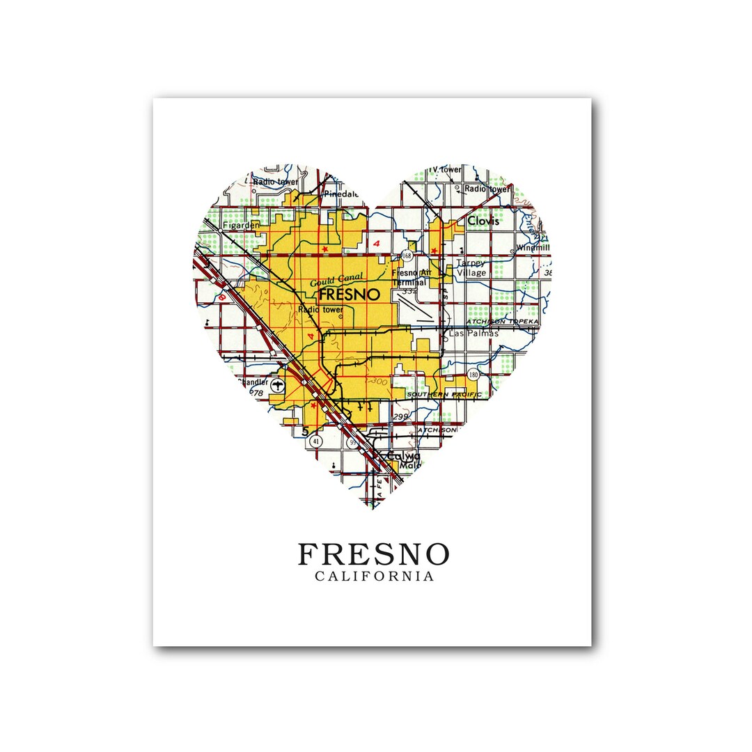 Fresno Map Heart Print, Fresno Map Art, California Map, Heart Map Print ...