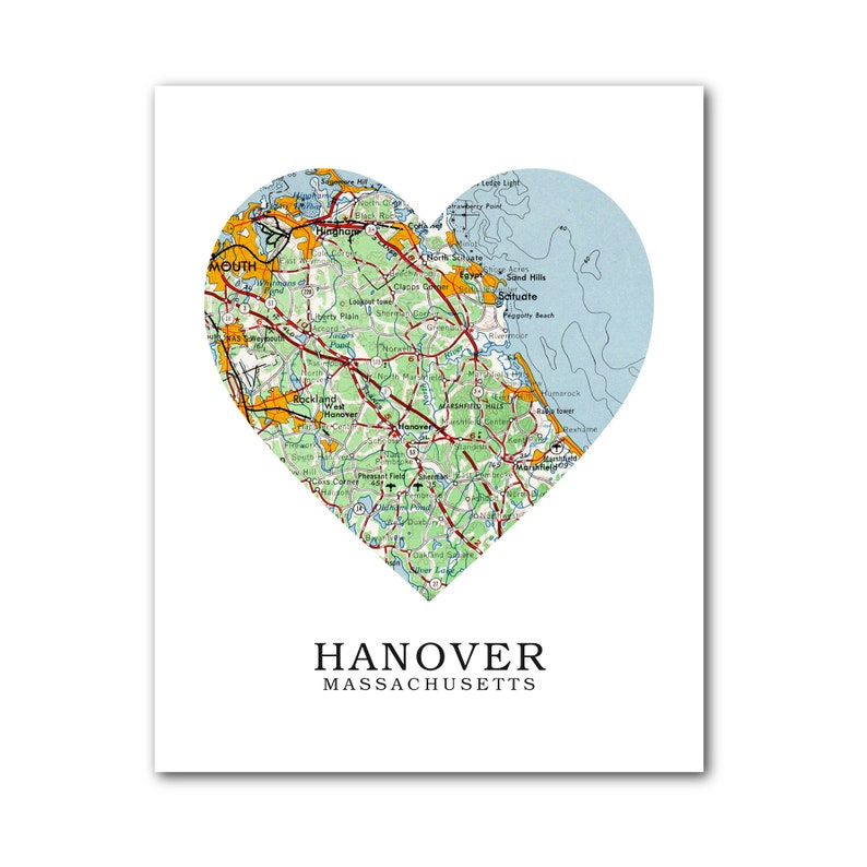 Hanover Map Heart Print Massachusetts Map Art Hanover Map - Etsy