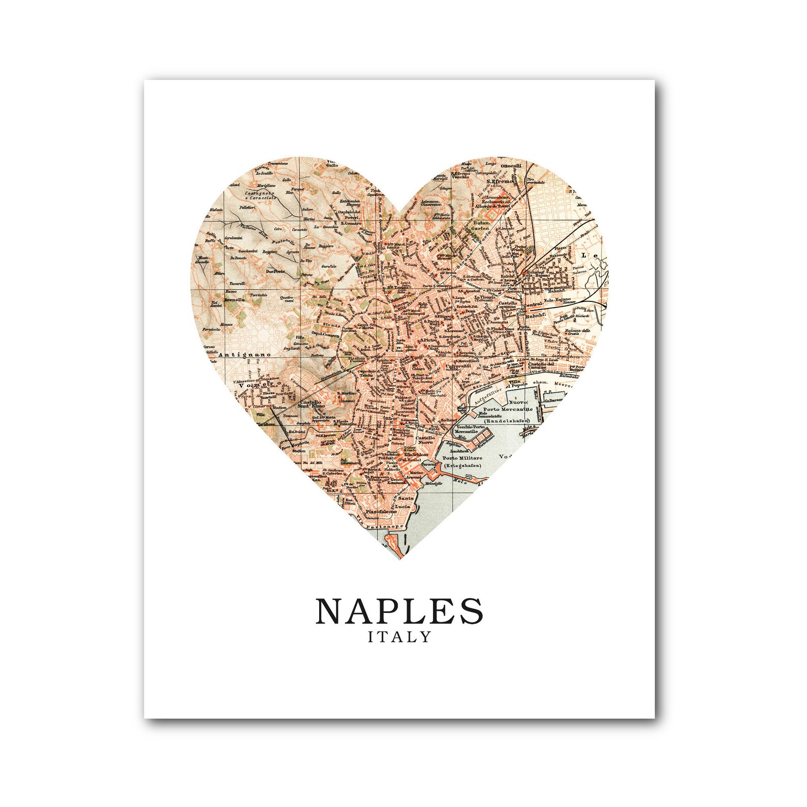 Naples Map Heart Print Naples Map Art Naples Italy Map | Etsy