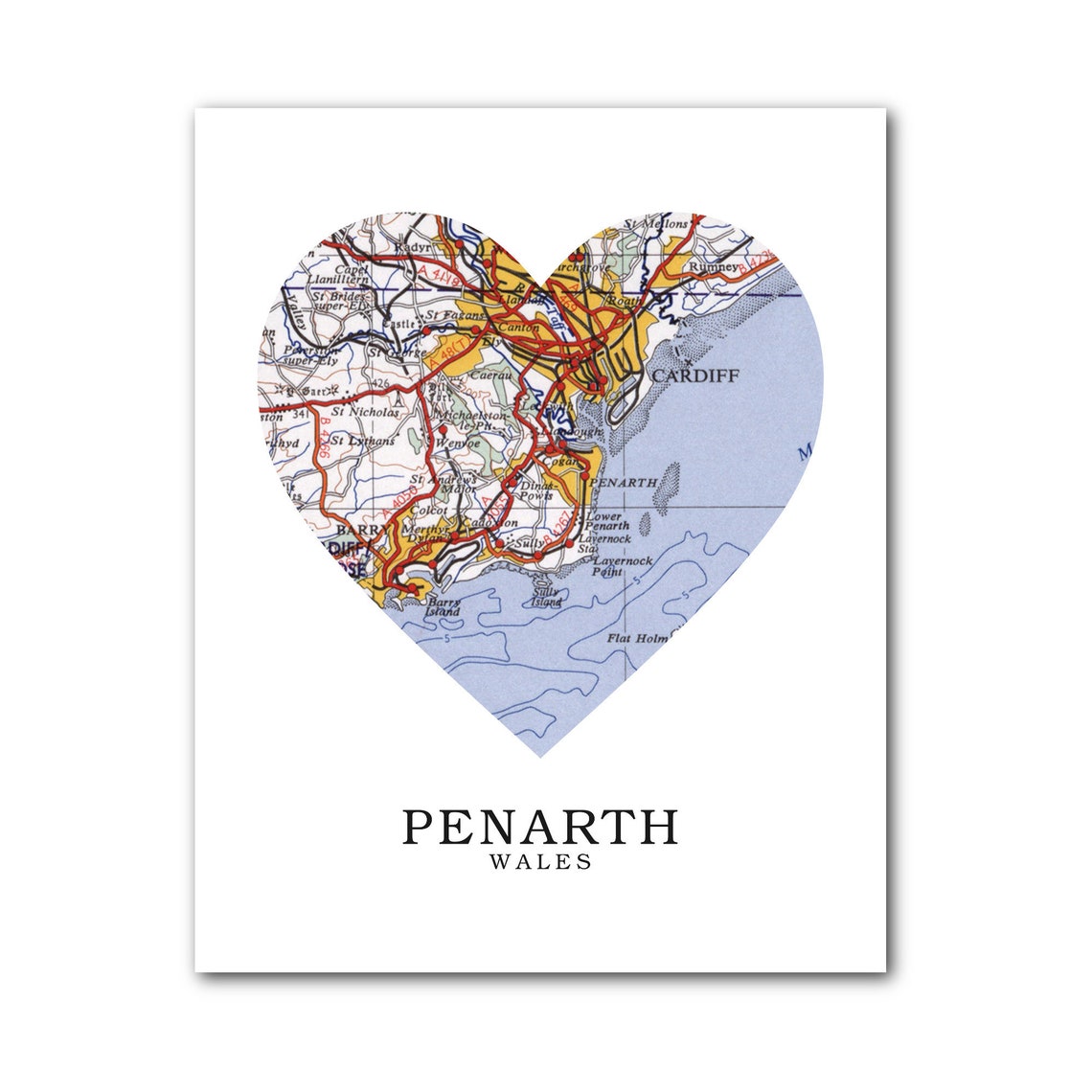 Penarth Map Heart Print Penarth Map Art Wales Map Wales | Etsy