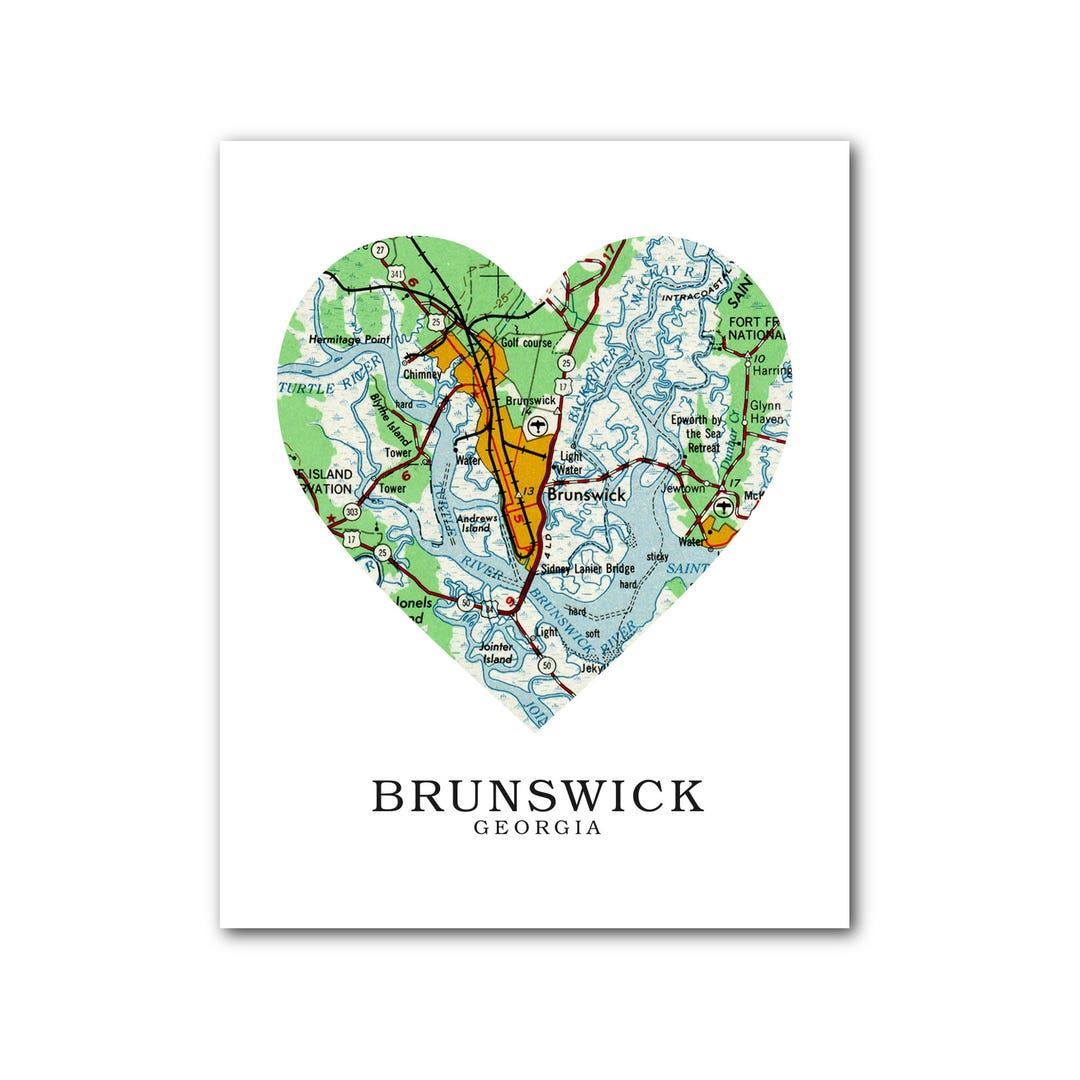 Brunswick Map Heart Print, Brunswick Map Art, Brunswick Georgia Map ...