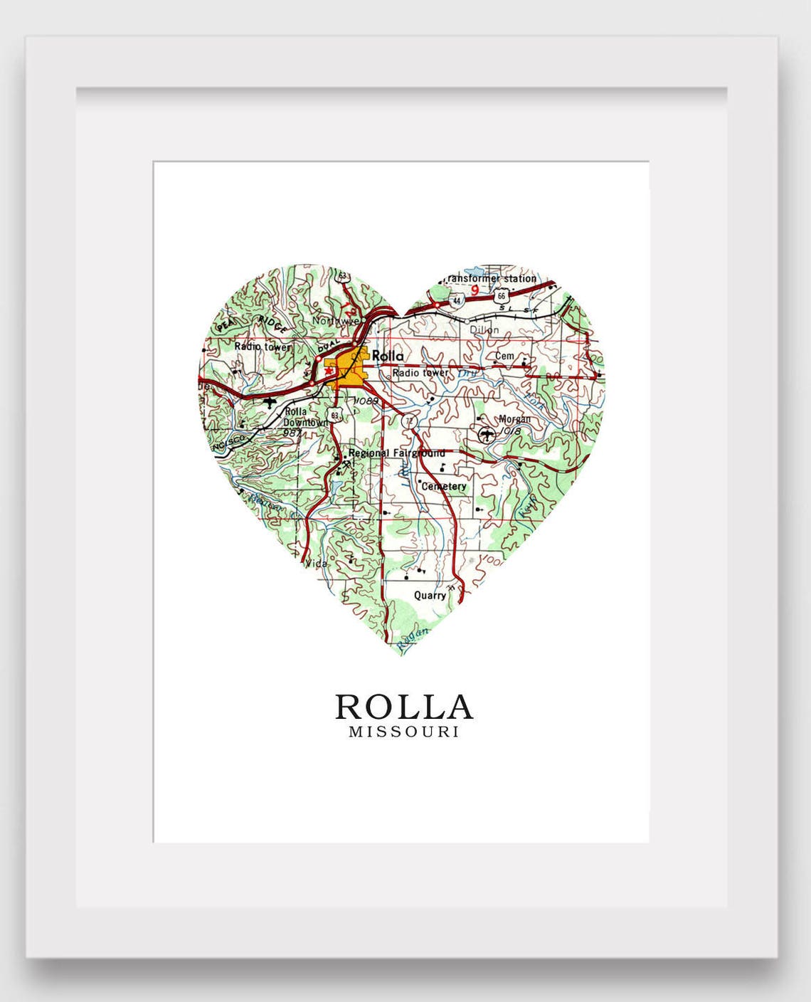 Rolla Map Heart Print Rolla Map Art Missouri Map Heart Map - Etsy