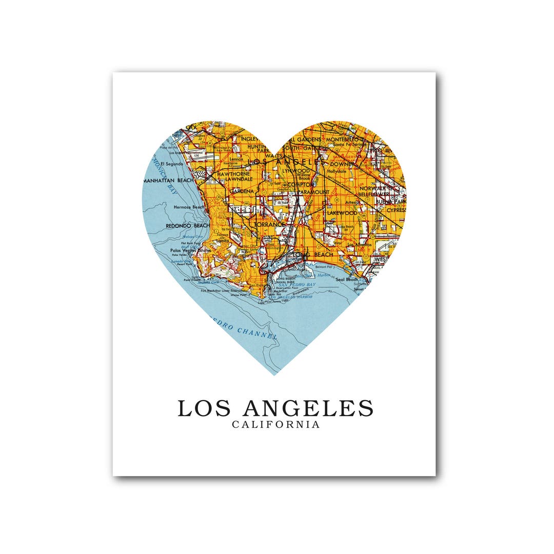 Los Angeles Map Heart Print, Los Angeles Map Art, California Map, Heart ...