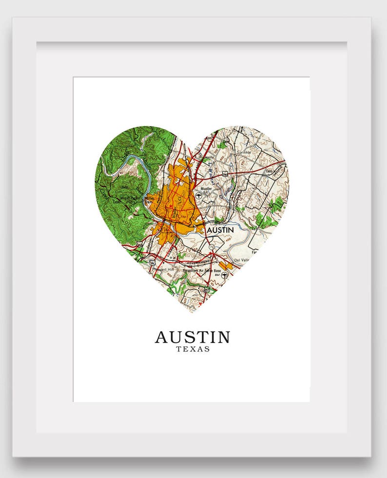 Austin Map Heart Print Austin Map Art Austin Map Texas | Etsy
