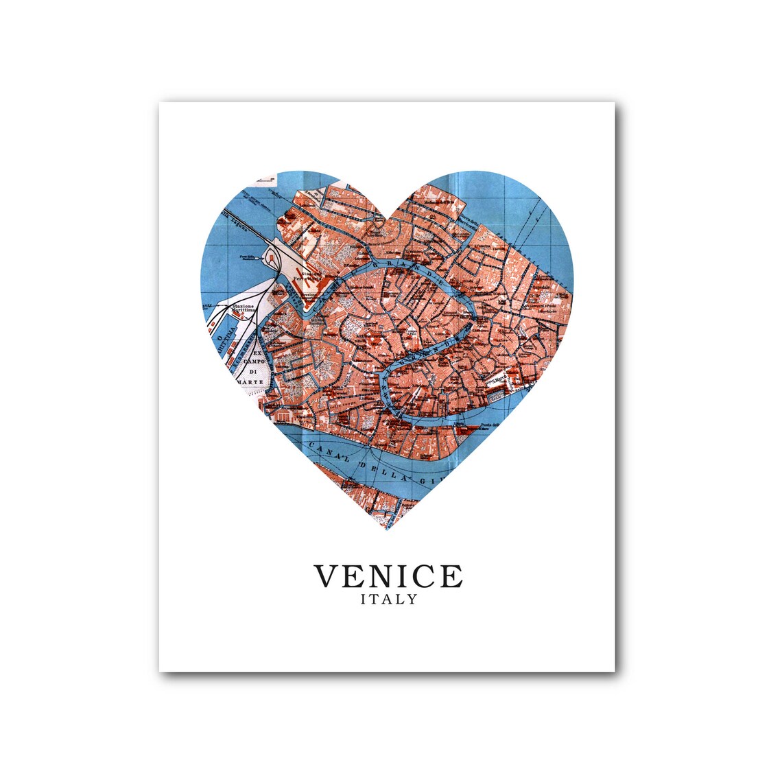 Venice Map Heart Print Venice Map Art Venice Italy Map | Etsy