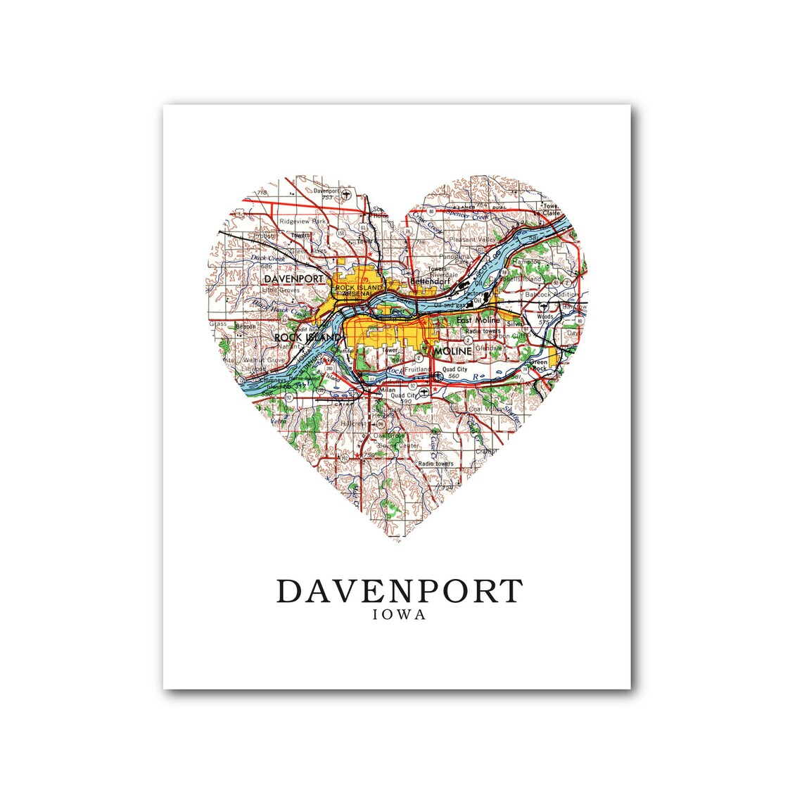 Davenport Map Heart Print Davenport Map Art Davenport Map | Etsy