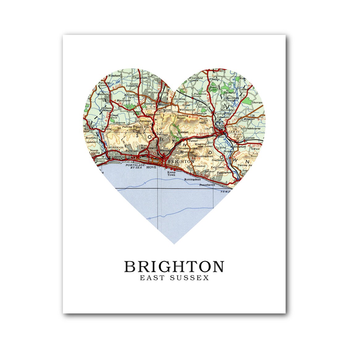 Brighton Map Heart Print Brighton Map Art Sussex Map Sussex - Etsy