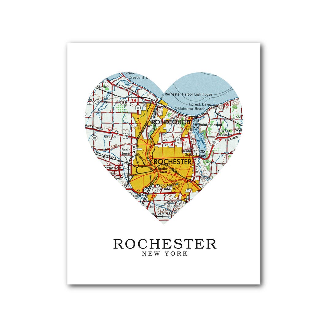 Rochester Map Heart Print, New York Map Art, Rochester Map, Heart Map ...