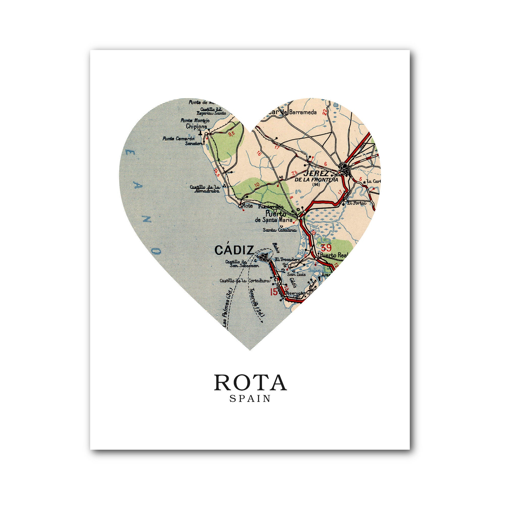 Rota Map Heart Print, Spain Map Art, Rota Spain Map, Heart Map Print ...