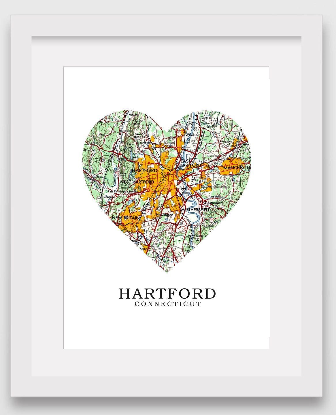 Hartford Map Heart Print Hartford Map Art Connecticut Map - Etsy