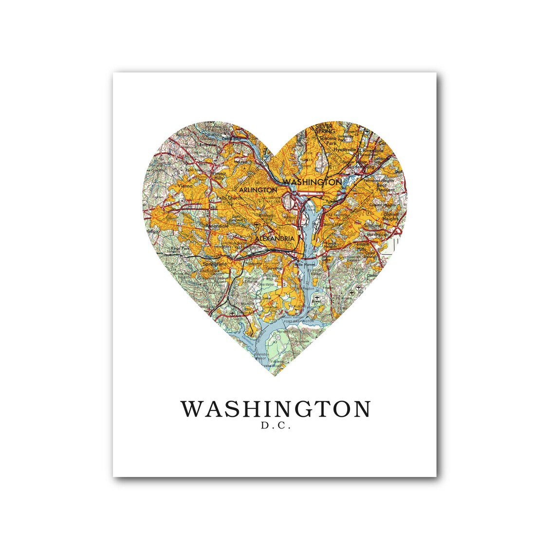 Washington Map Heart Print, Washington Map Art, Washington D.C. Map ...