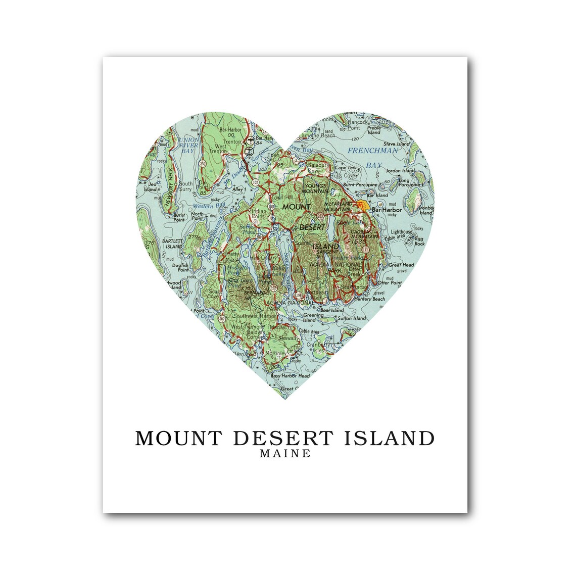 Mount Desert Island Map Heart Print Maine Map Art Maine Map | Etsy