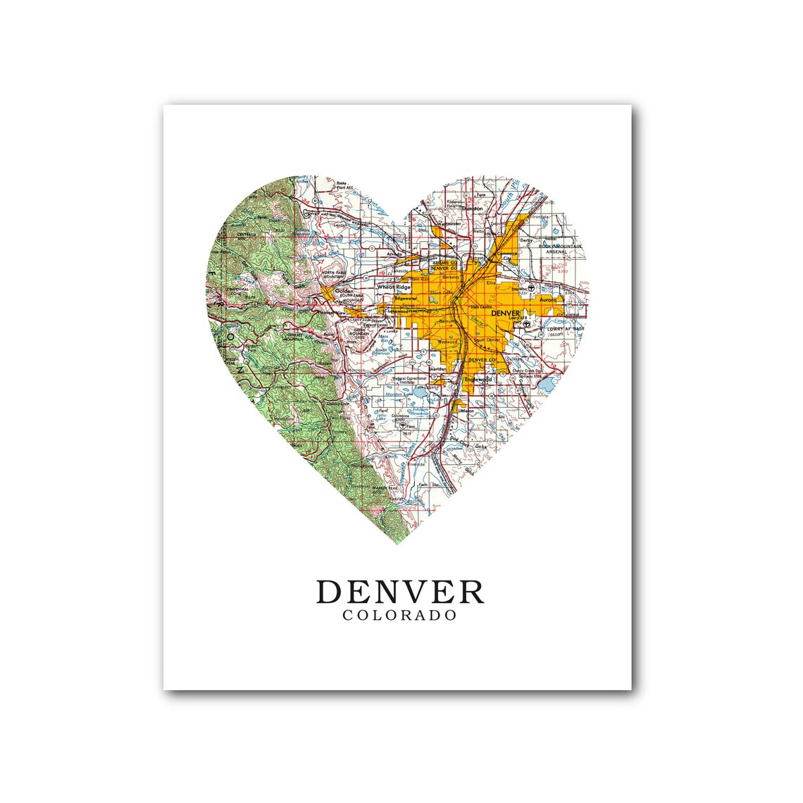 Denver Map Heart Print Colorado Map Art Denver Colorado Map - Etsy