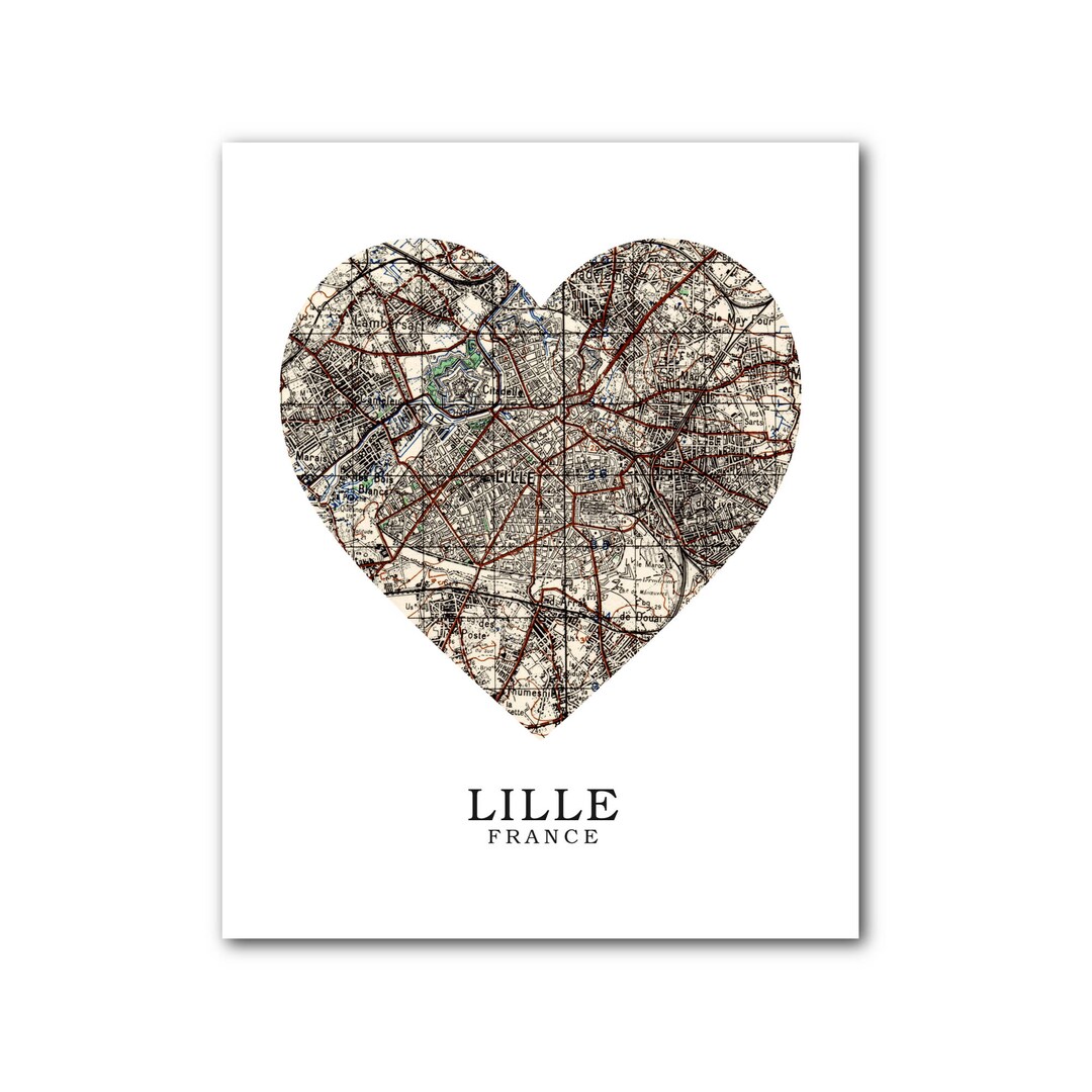Lille Map Heart Print, Lille Map Art, Lille Map, France Heart Map Print ...
