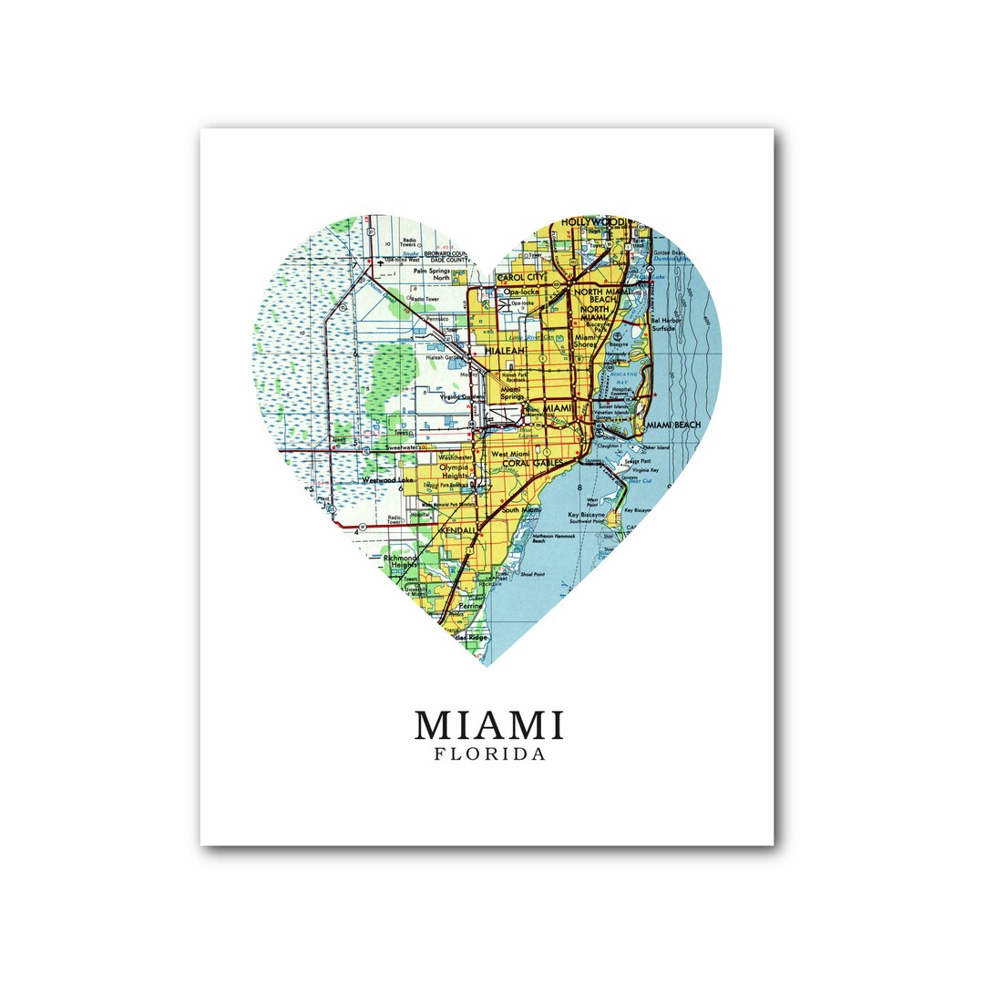 Miami Map Heart Print, Miami Map Art, Florida Map, Heart Map Print ...