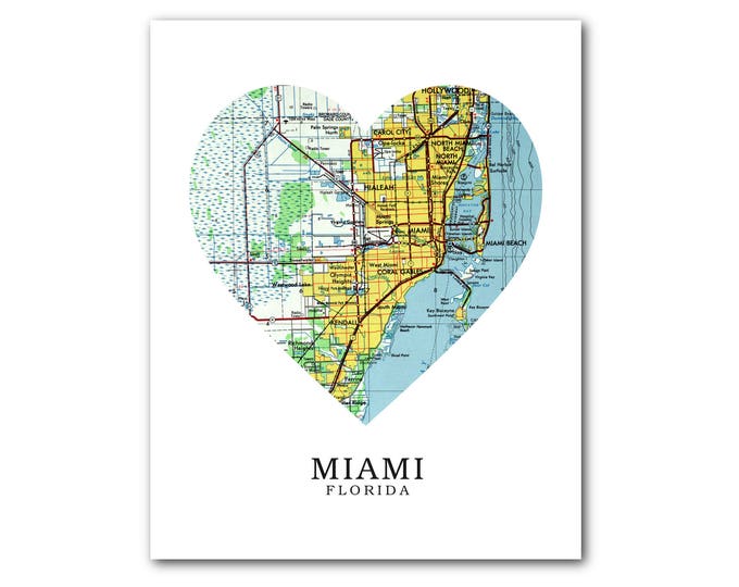 Miami Map Heart Print, Miami Map Art, Florida Map, Heart Map Print ...