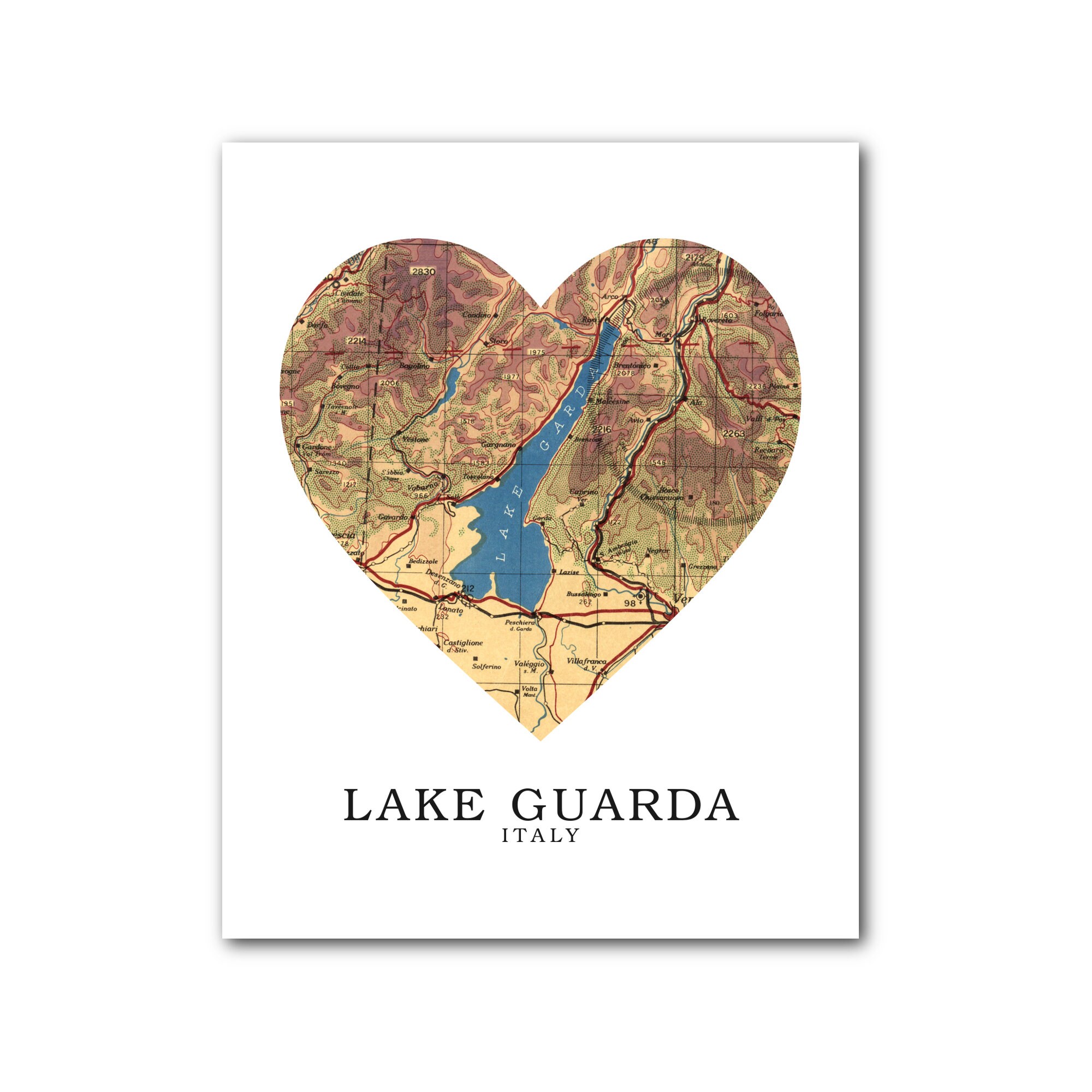 Lake Guarda Map Heart Print Lake Guarda Map Art Lake Guarda | Etsy