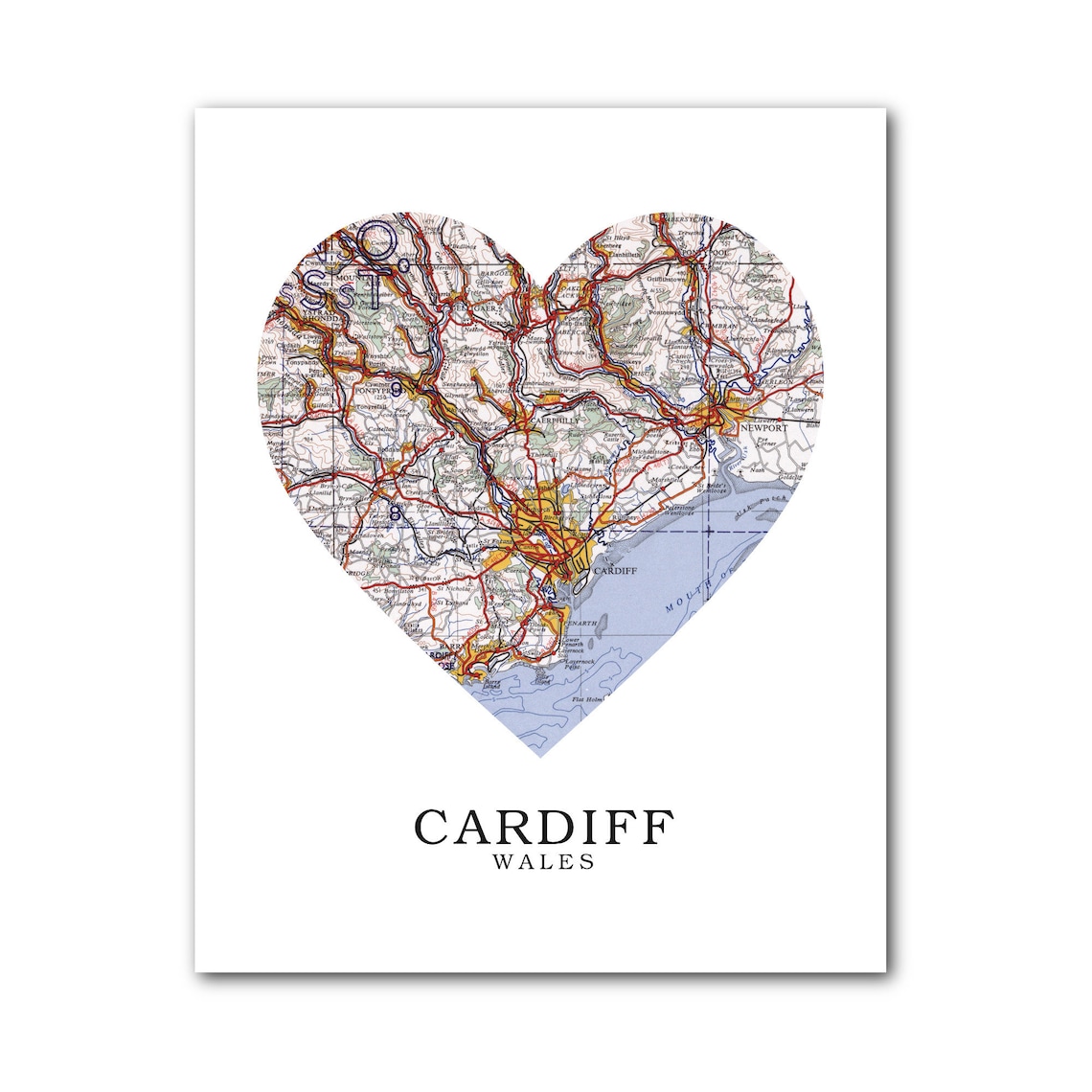 Cardiff Map Heart Print Cardiff Map Art Wales Map Wales - Etsy