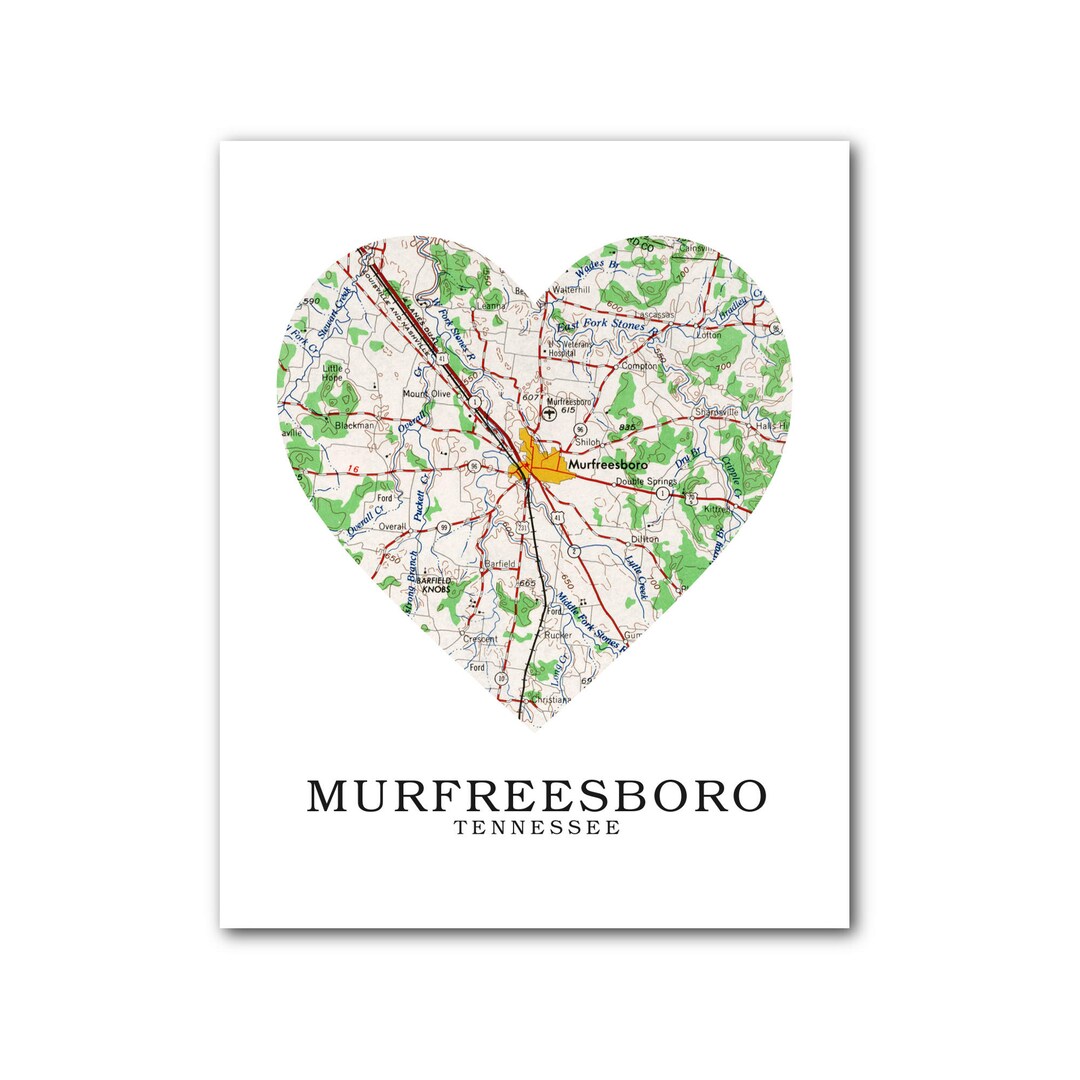 Murfreesboro Map Heart Print, Murfreesboro Map Art, Tennessee Map ...
