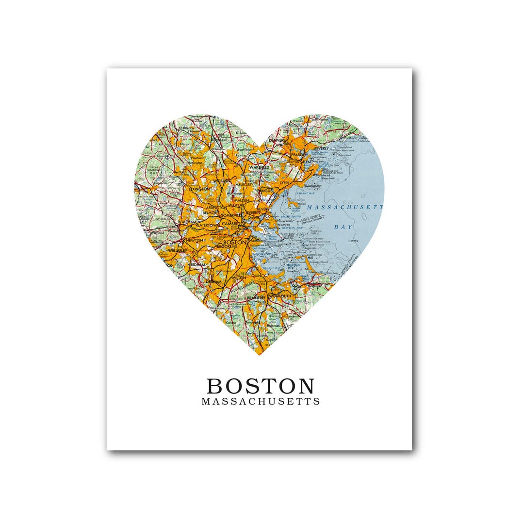 Boston Map Heart Print, Massachusetts Map Art, Boston Map, Heart Map ...