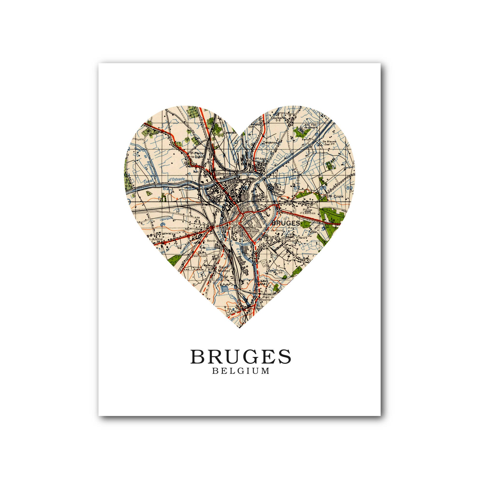 Bruges Map Heart Print Bruges Map Art Bruges Map Belgium | Etsy