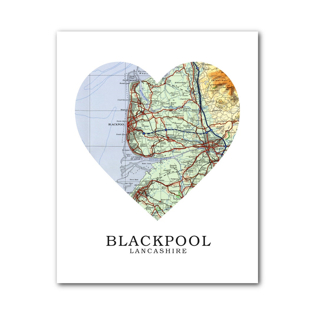 Blackpool Map Heart Print Blackpool Map Art Lancashire Map - Etsy