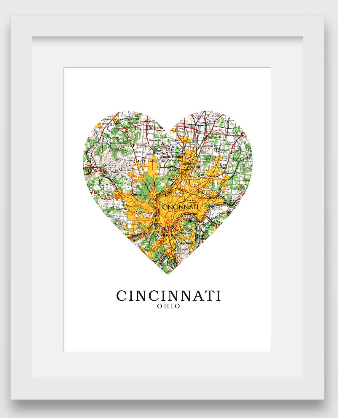 Cincinnati Map Heart Print Cincinnati Map Art Cincinnati - Etsy