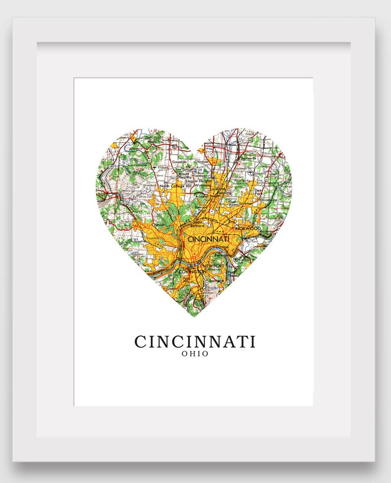 Cincinnati Map Heart Print Cincinnati Map Art Cincinnati - Etsy