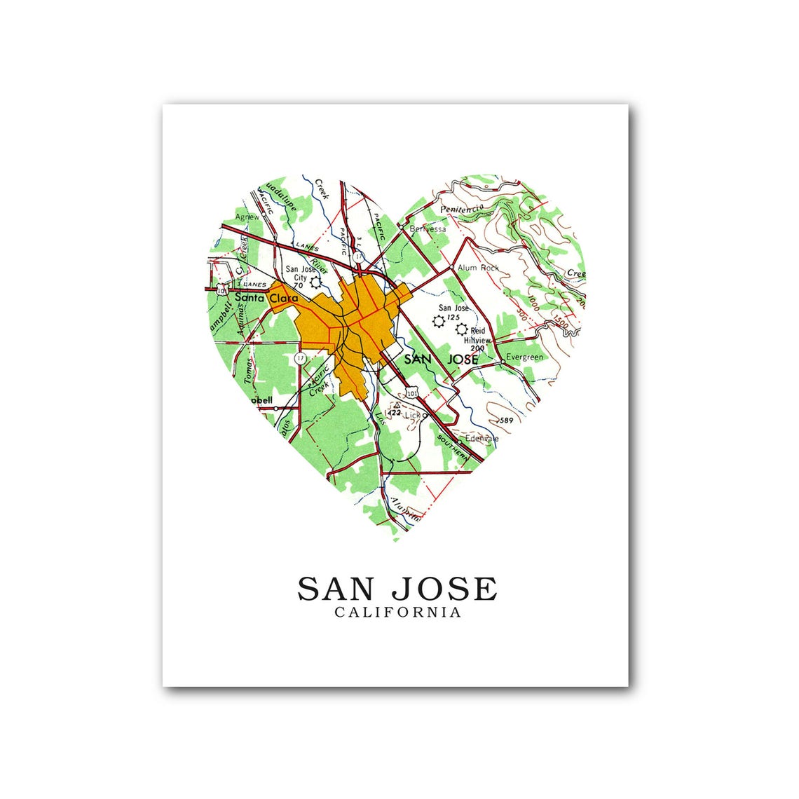 San Jose Map Heart Print San Jose CA Map Art San Jose Map - Etsy