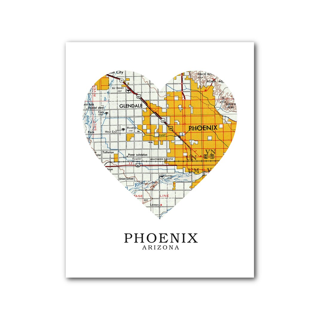 Phoenix Map Heart Print, Phoenix Map Art, Phoenix Arizona Map, Heart ...