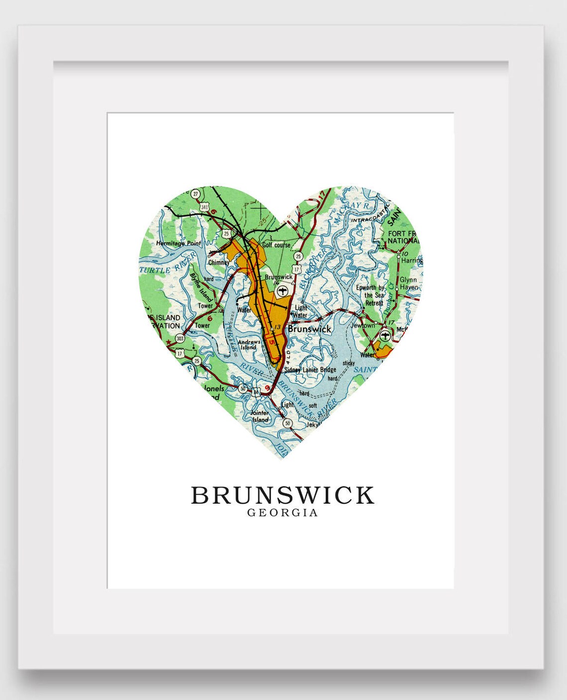Brunswick Map Heart Print, Brunswick Map Art, Brunswick Georgia Map ...
