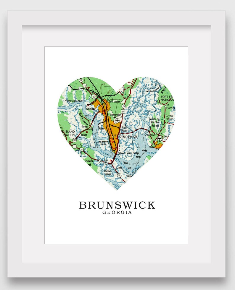 Brunswick Map Heart Print, Brunswick Map Art, Brunswick Georgia Map ...