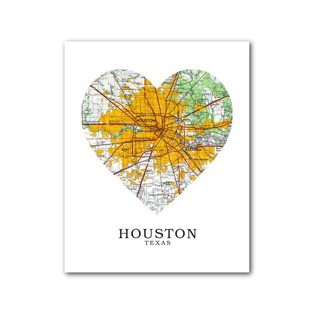 Houston Map Heart Print, Houston Map Art, Houston Texas Map ...