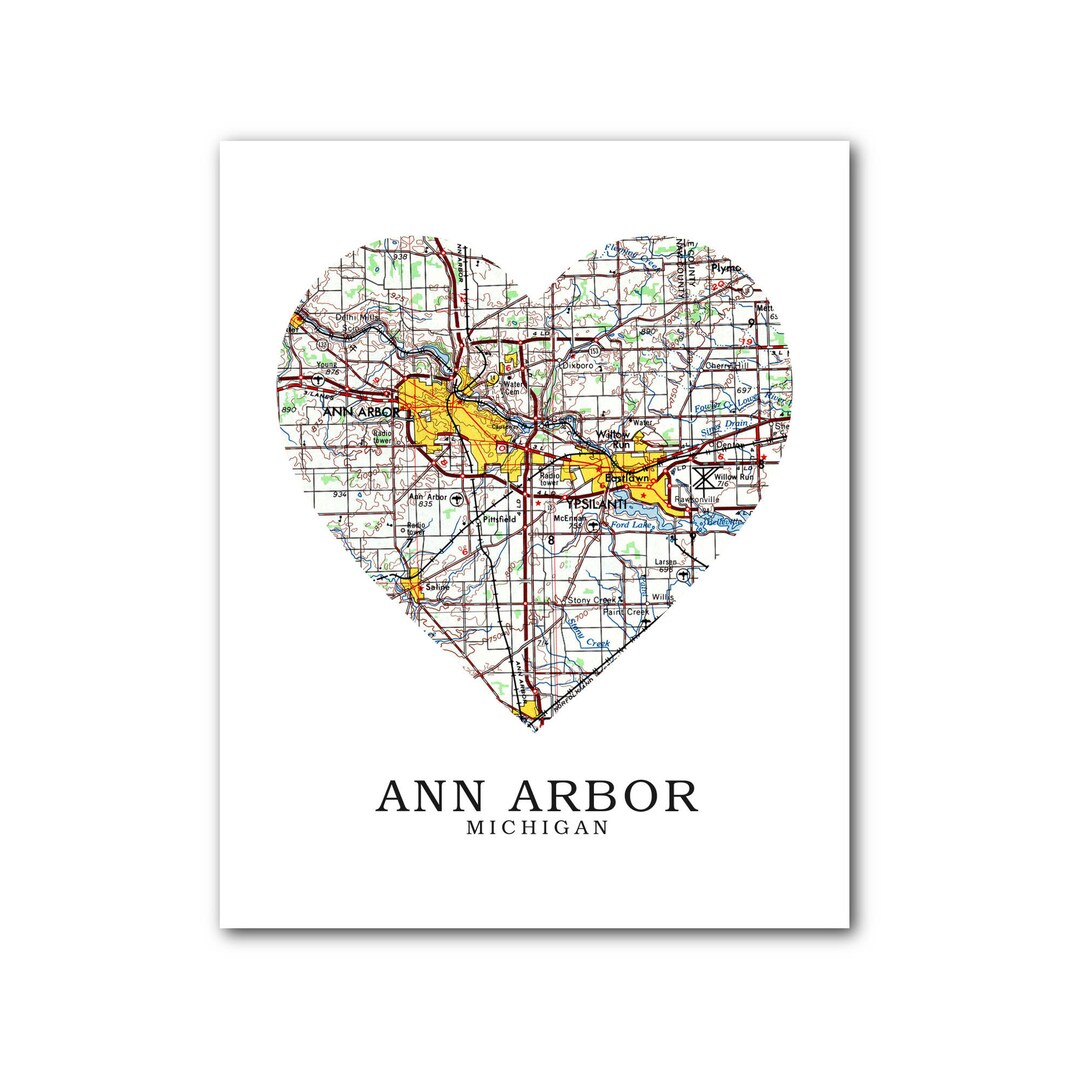 Ann Arbor Map Heart Print, Ann Arbor Map Art, Michigan Map, Heart Map ...