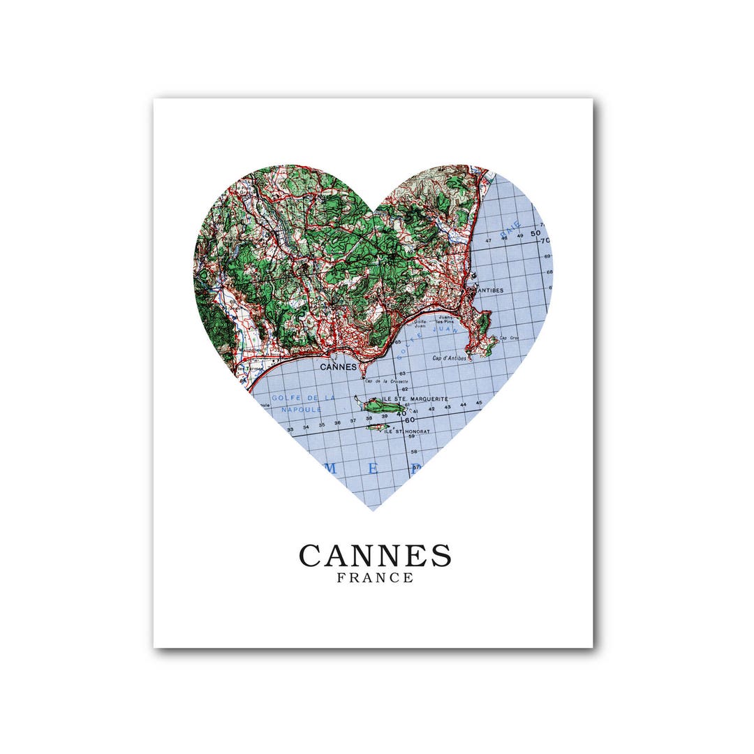 Cannes Map Heart Print, Cannes Map Art, Cannes Map, France Heart Map ...