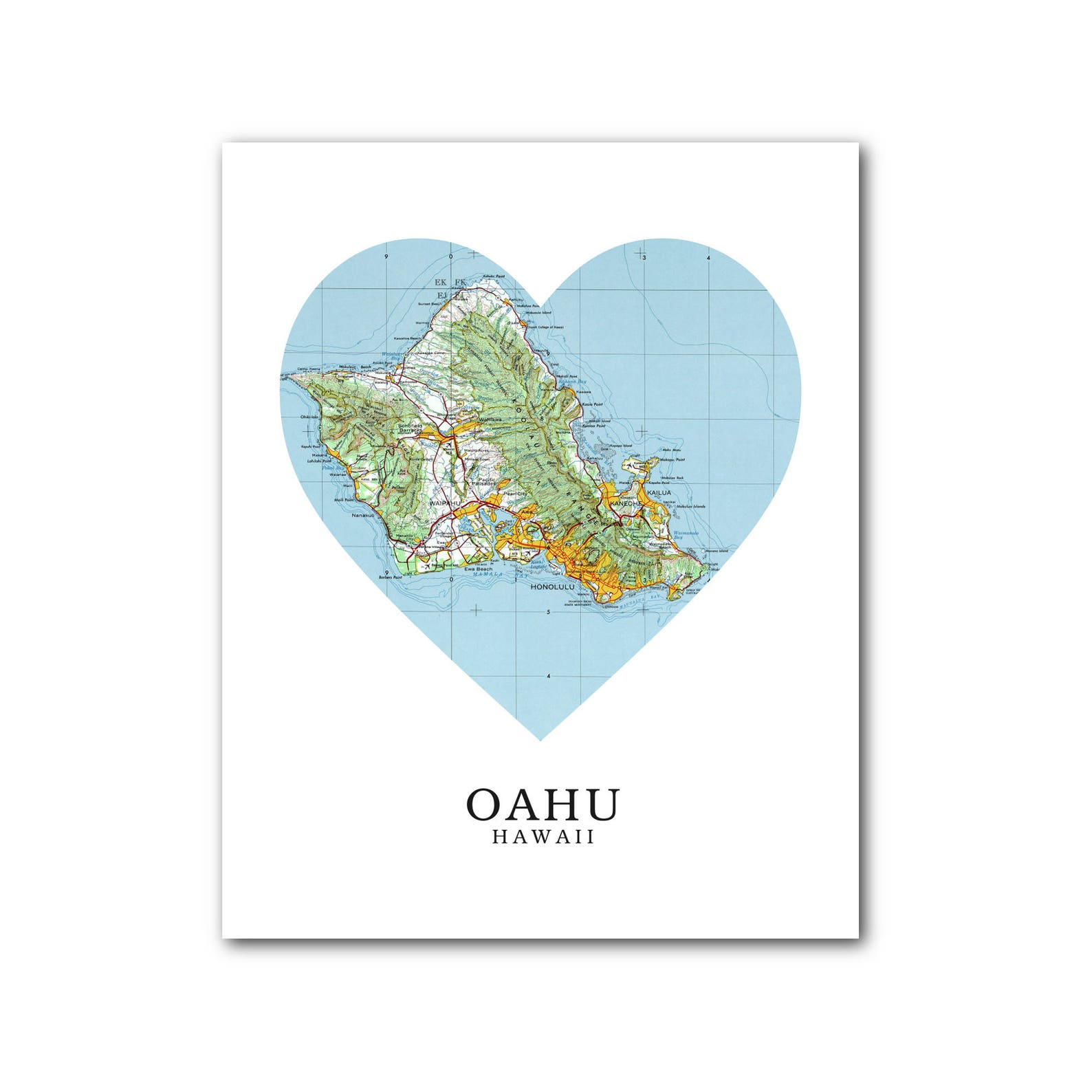 Oahu Map Heart Print Oahu Map Art Hawaii Map Heart Map - Etsy