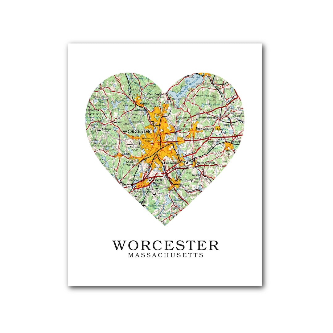 Worcester Map Heart Print, Massachusetts Map Art, Worcester Map, Heart ...