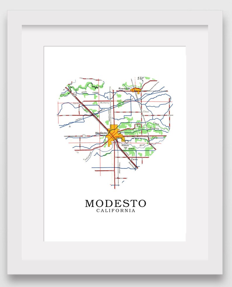 Modesto Map Heart Print Modesto Map Art Modesto Map Heart | Etsy