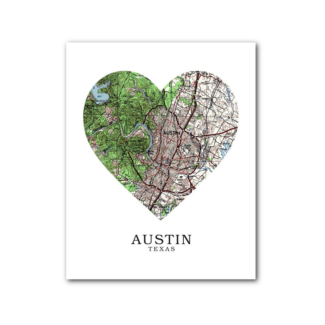 Austin Map Heart Print, Austin Map Art, Austin Map, Texas Heart Map ...